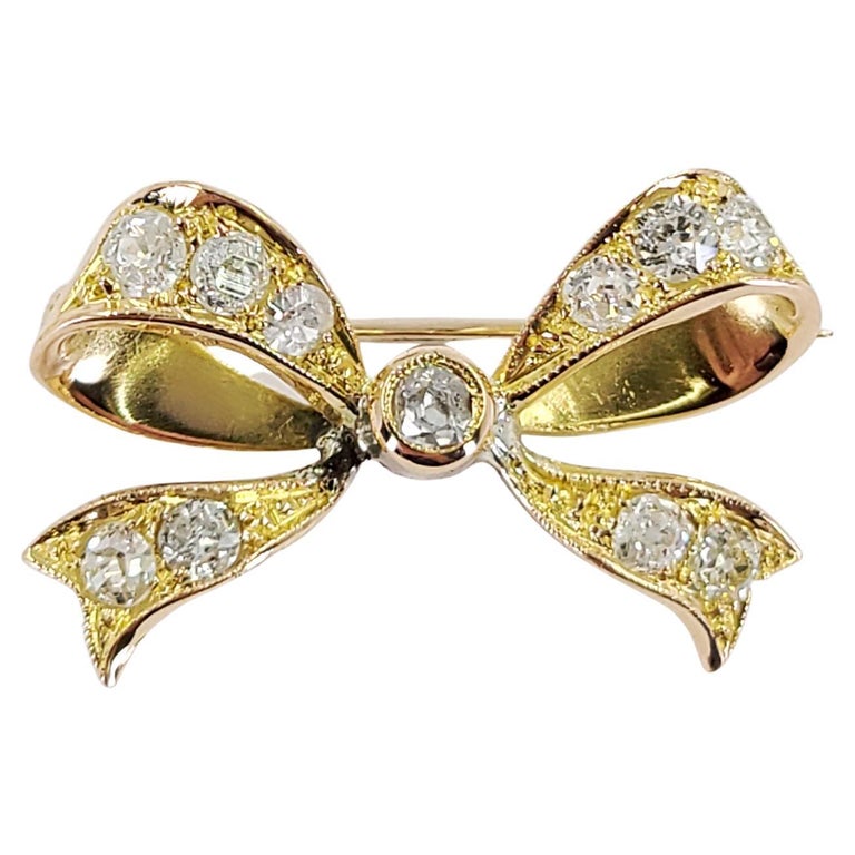 Antique Yellow Gold Diamond Bow Pin For Sale at 1stDibs