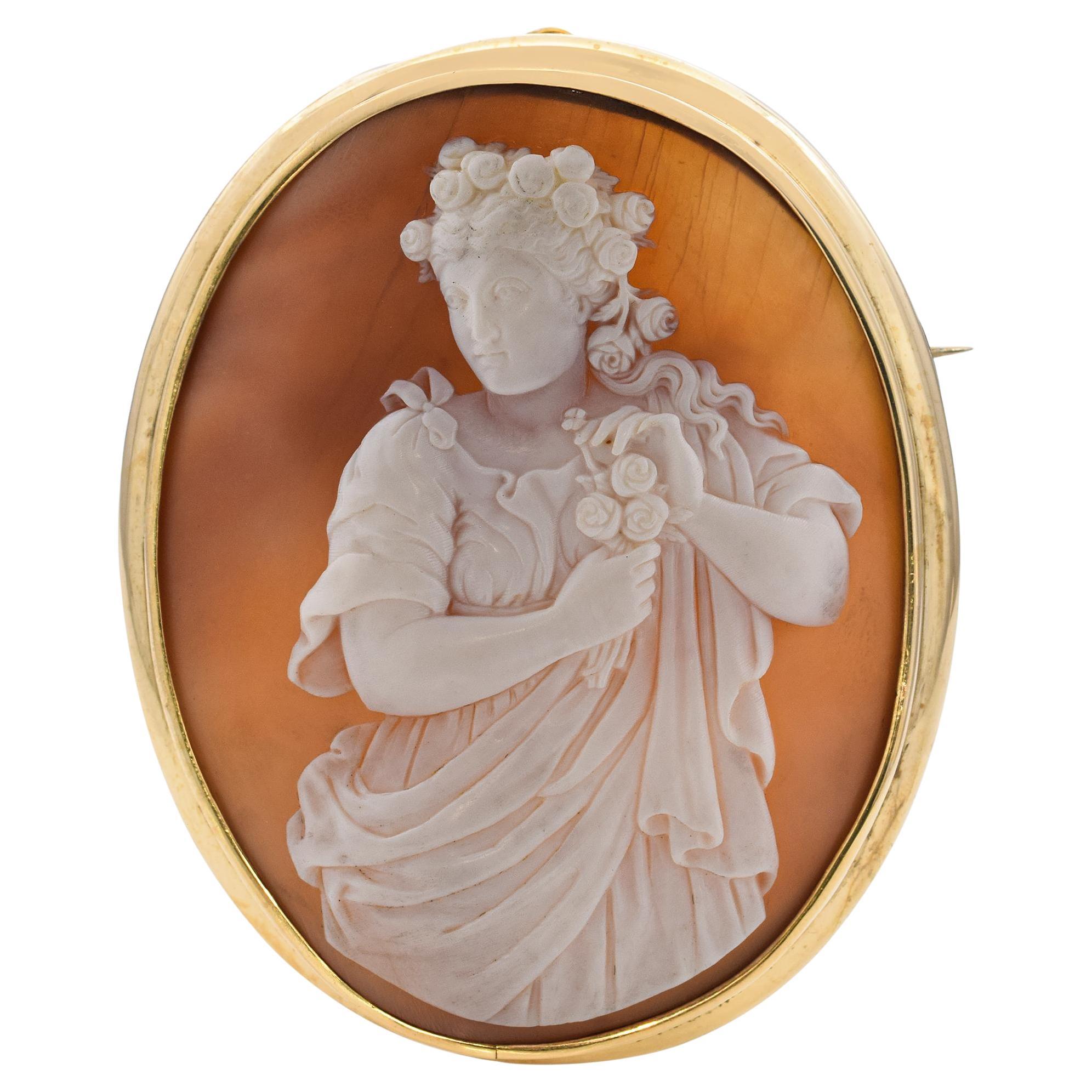 Antique Yellow Gold Shell High Relief Lady Cameo Brooch Pendant For ...