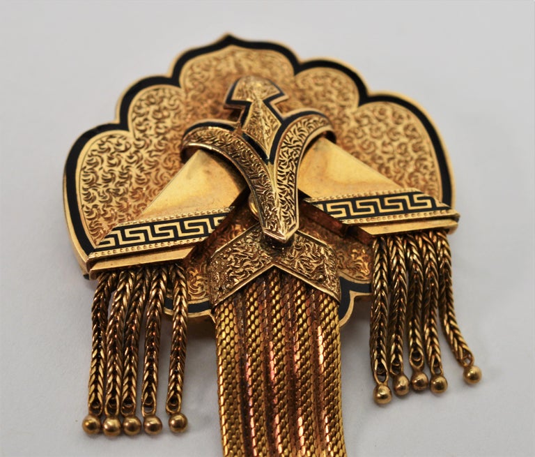 Antique Yellow Gold Medallion Brooch Pin with Black Enamel Accents at ...