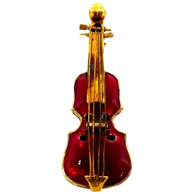 Antique Yellow Gold Red Enamel Violin Pin Brooch at 1stDibs