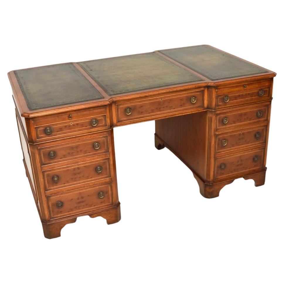 Antique Yew Wood Leather Top Partners Desk For Sale at 1stDibs