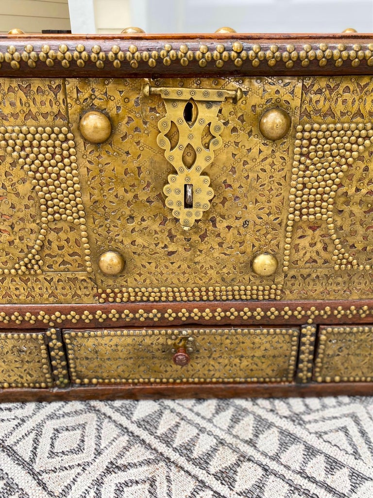 Antique Zanzibar Blanket Chest Teak Wood with Brass Metal Overlay, 19th ...