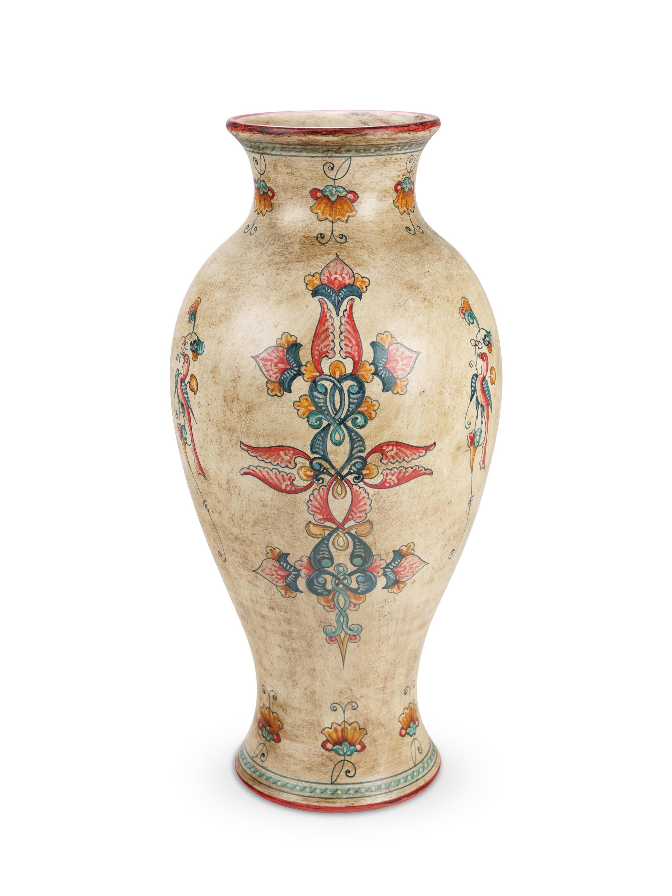Antiqued Majolica Vase Red Blue Birds, Hand Painted Ceramic Vessel ...