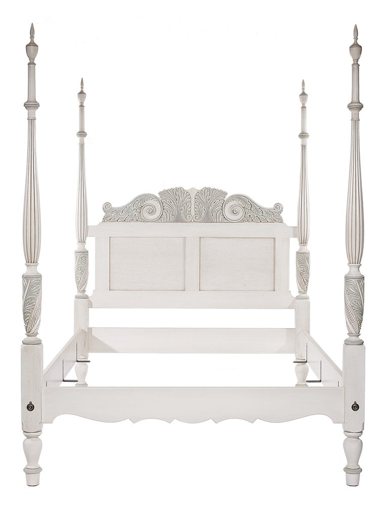 Antiqued White Mahogany Four Poster Bed with Reeded Posts and Carved ...