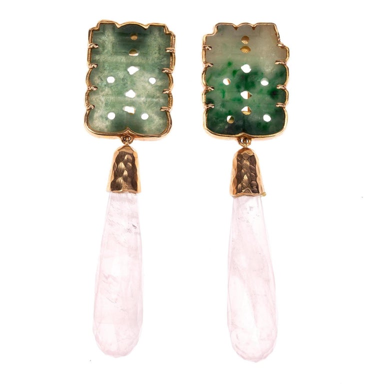 Antiques Jade Rose Quartz Briolè Drops 18 Karat Rose Gold Earrings For ...