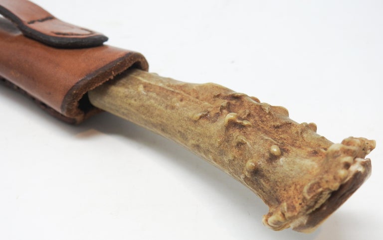 Antler Handle Long Blade Knife with Leather Sheath For Sale at 1stDibs