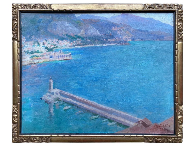 Antoine Daens - Paysage marin avec pilier et phare du port de Monaco ...