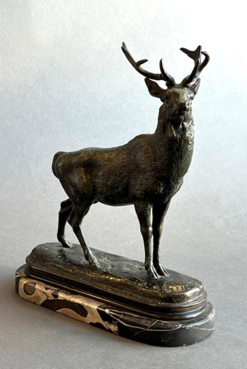 Antoine Louis Barye : "Stag", gold stamped Barbedienne patinated bronze ...