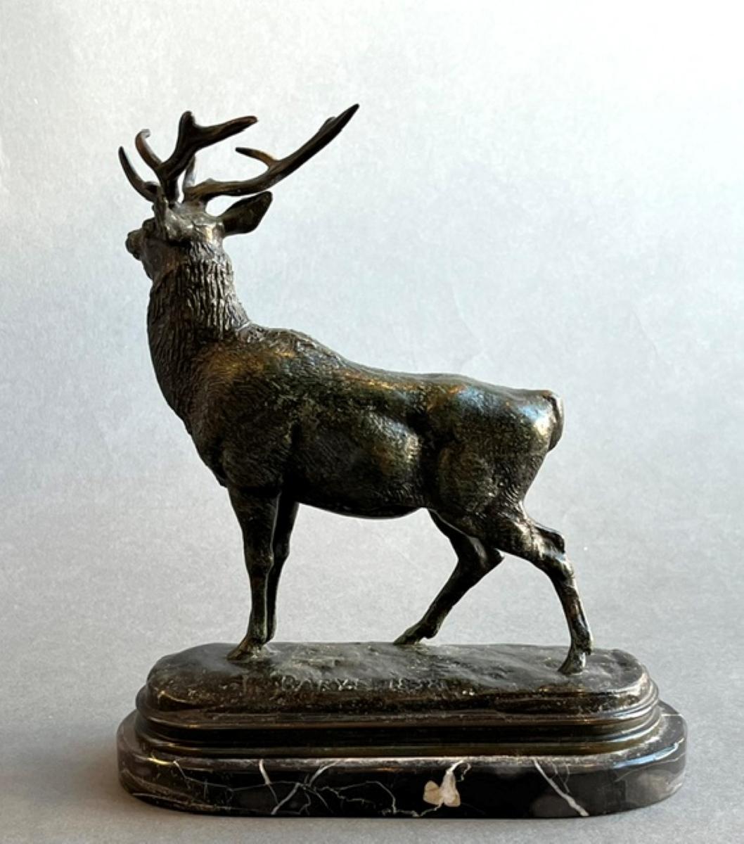 Antoine Louis Barye : "Stag", gold stamped Barbedienne patinated bronze ...