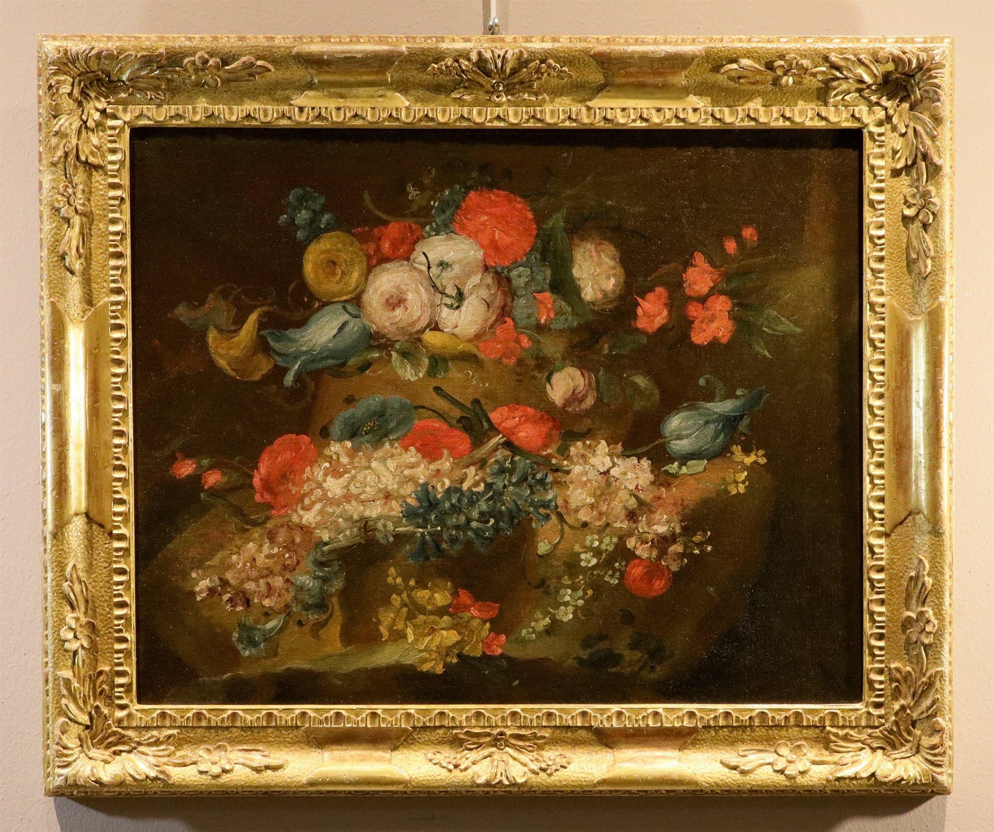 Pair Still-Lifes Flowers Monnoyer Paint 17/18th Century Oil on canvas ...