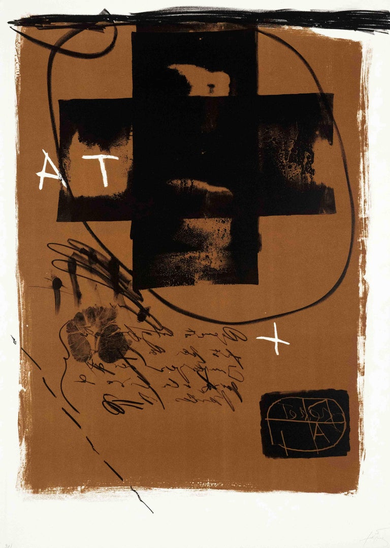 Antoni Tàpies - Untitled. Typical print by Tapies. Letters and cross ...