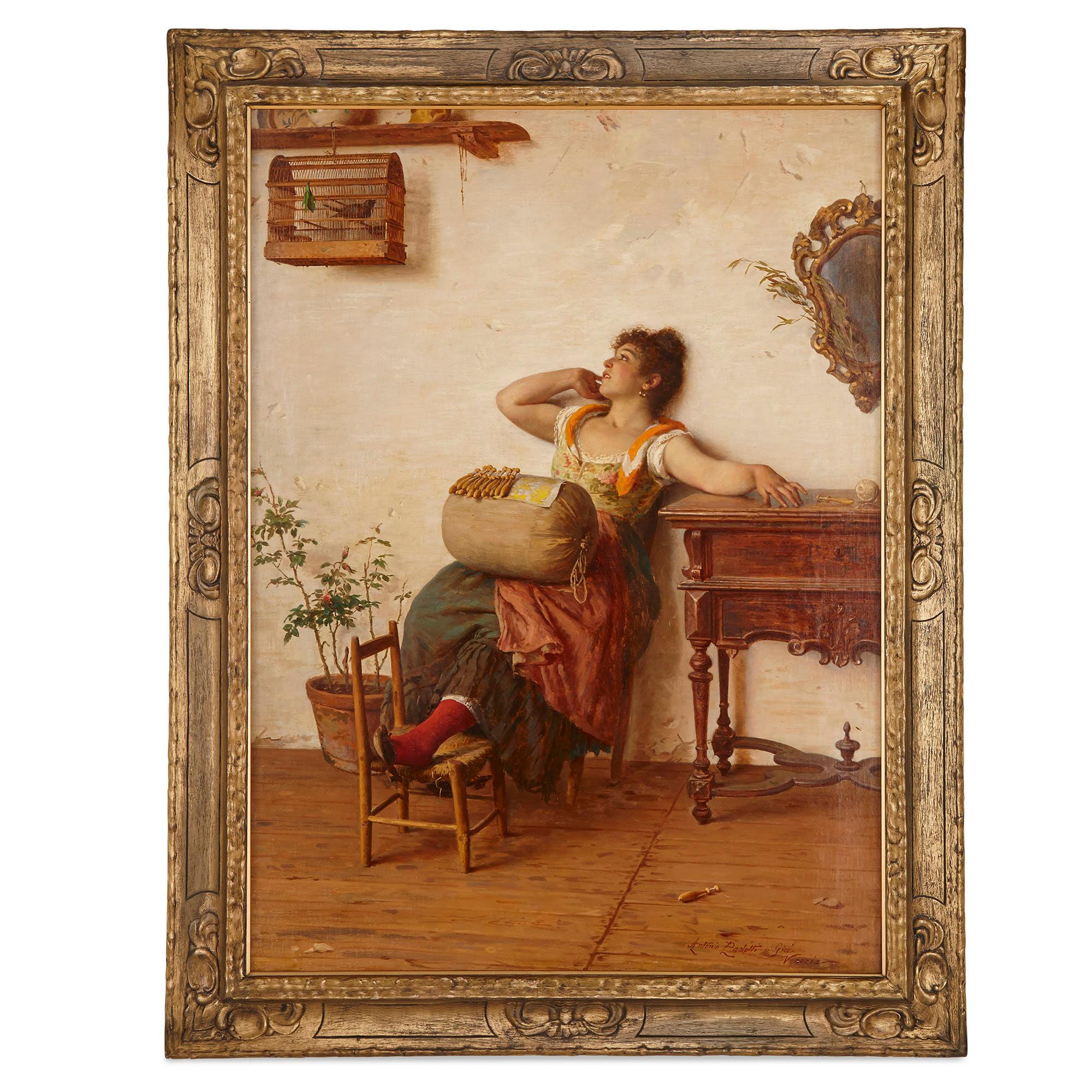 Edward Antoon Portielje - 'Spinning the Wool', 19th Century Flemish oil ...