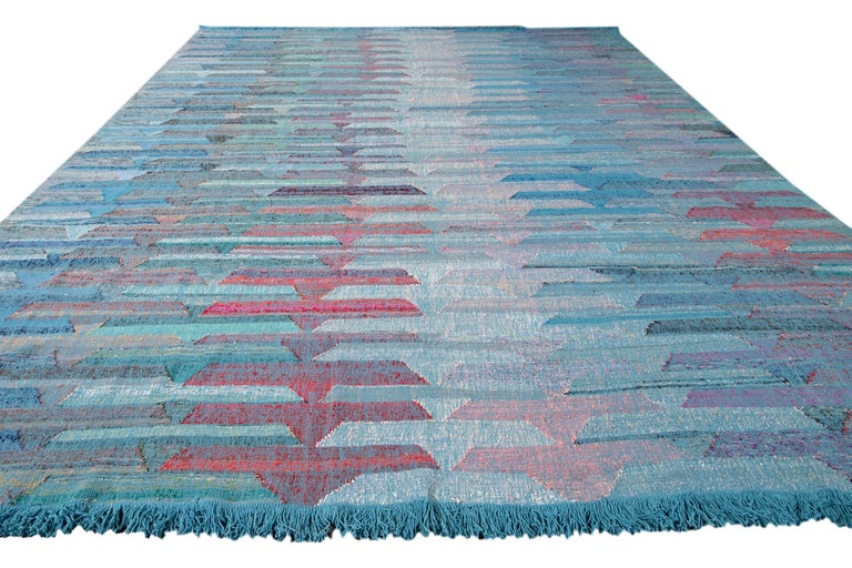 Apadana Modern Kilim Blue Handmade Geometric Wool Rug For Sale at 1stDibs