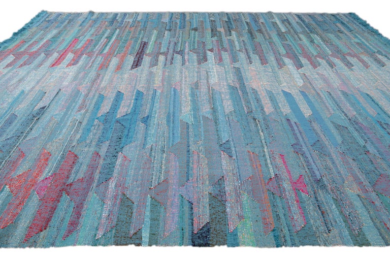 Apadana Modern Kilim Blue Handmade Geometric Wool Rug For Sale at 1stDibs