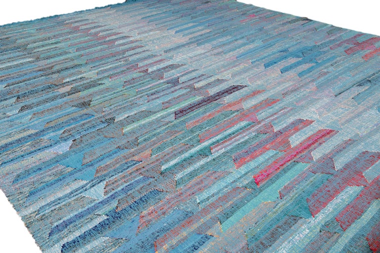 Apadana Modern Kilim Blue Handmade Geometric Wool Rug For Sale at 1stDibs