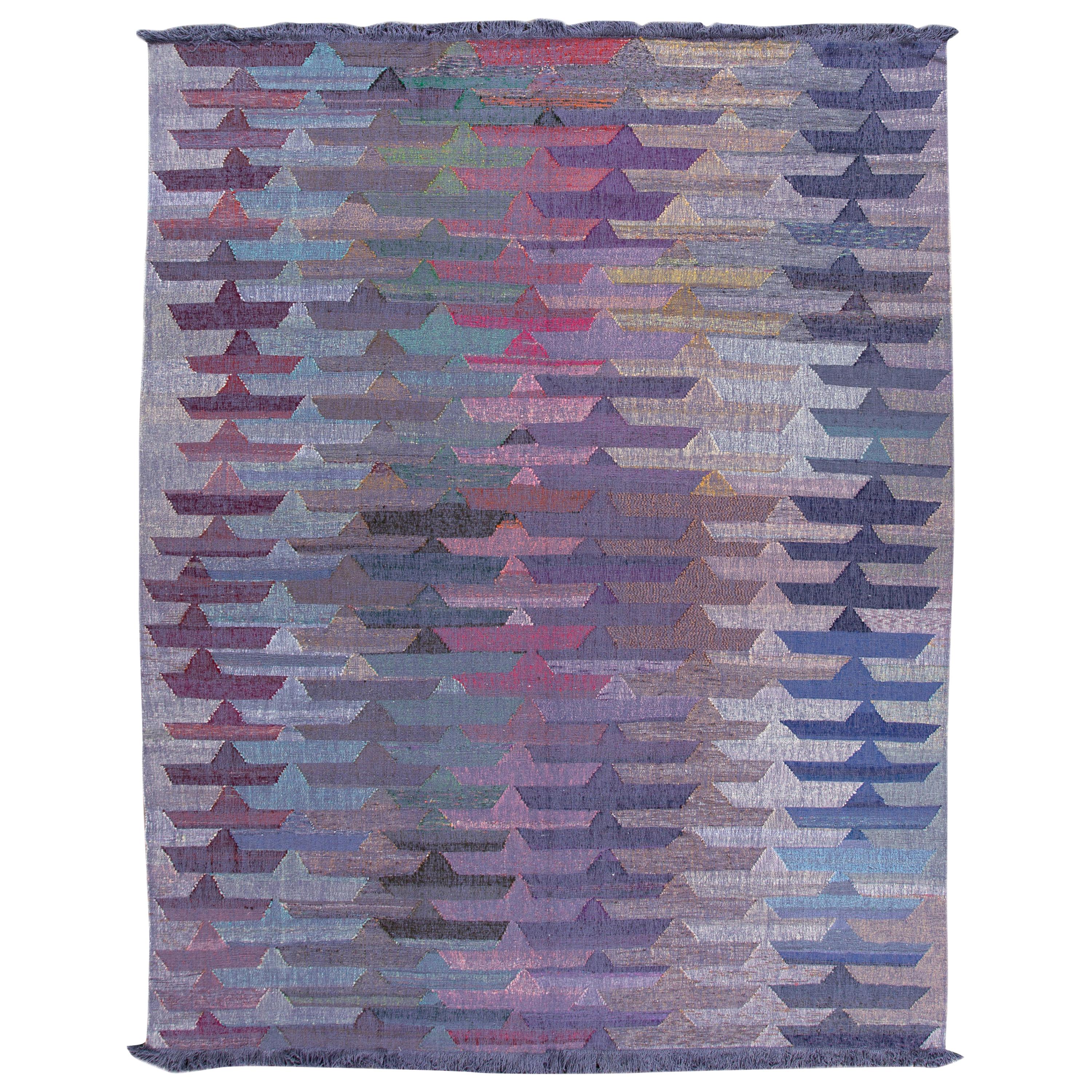 Modern Flat-Weave Abstract Handmade Multicolor Wool Rug For Sale at 1stDibs