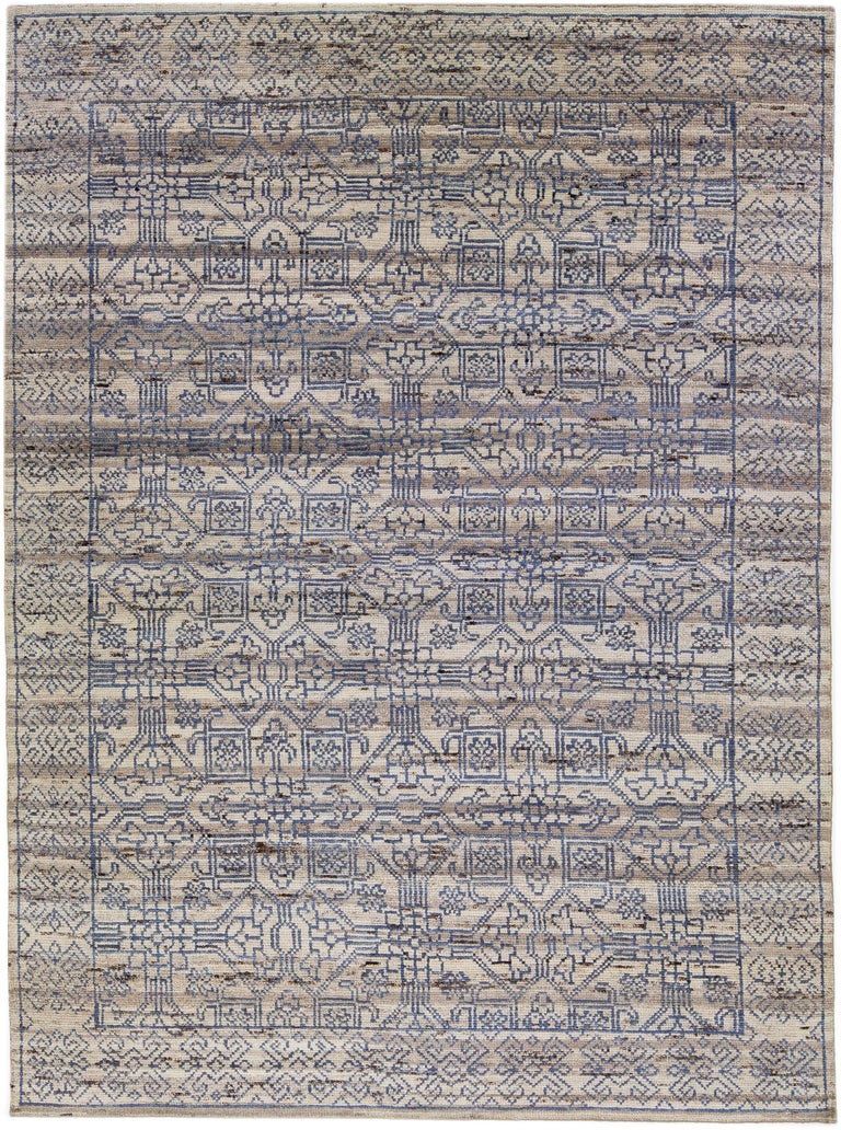 Apadana's Modern Geometric Indian Wool Rug Handmade In Gray For Sale at ...