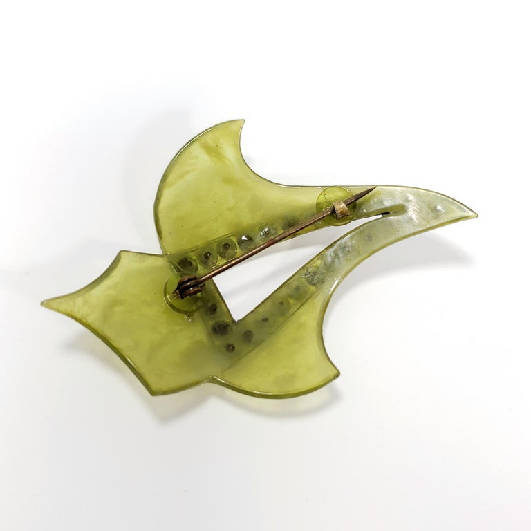Apple Green Marbled Bakelite Crystal Encrusted Leaf Pin Brooch, Early ...