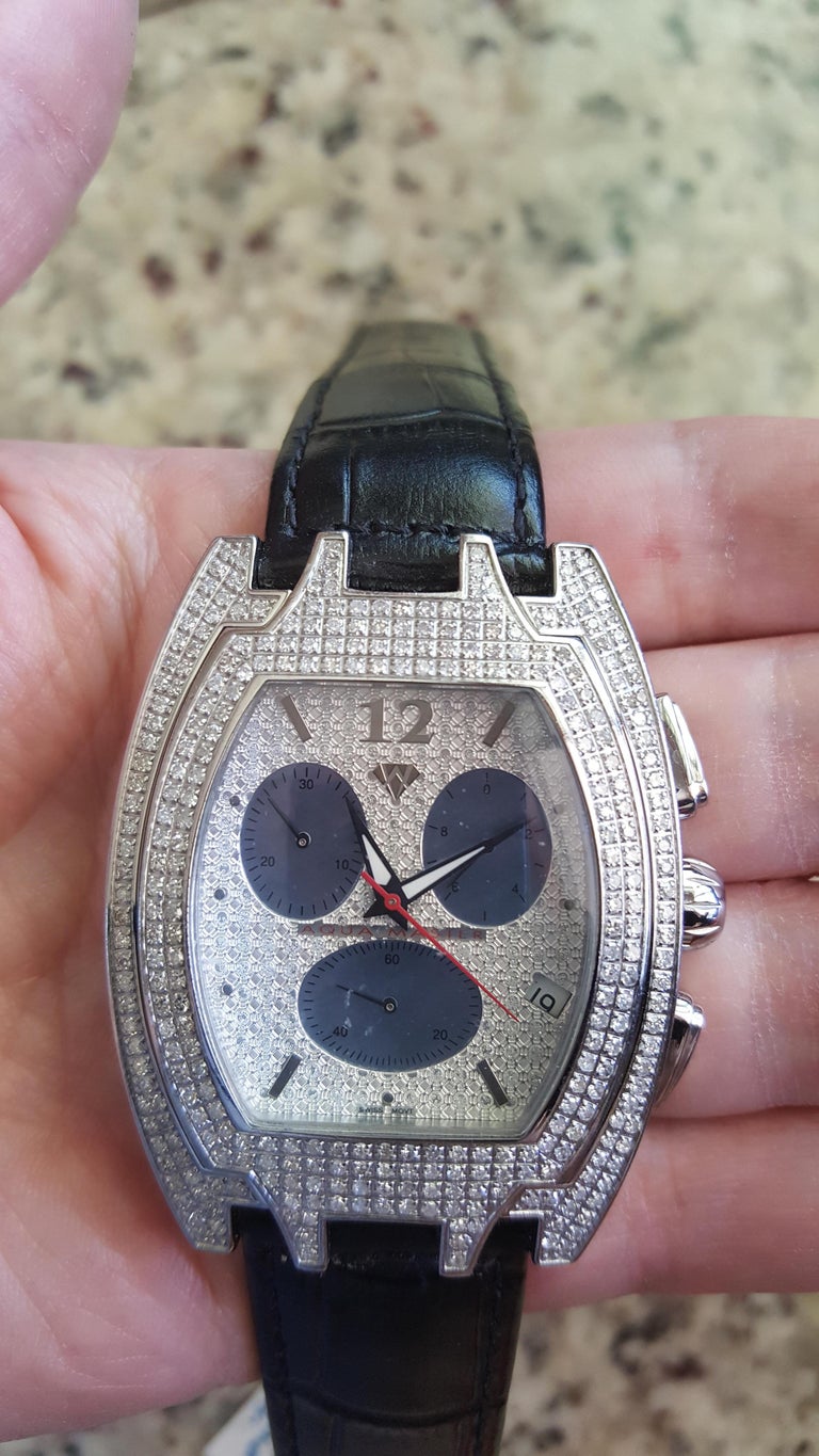 Aqua Master Genuine Diamond Watch Stainless Steel Black Leather Band at ...