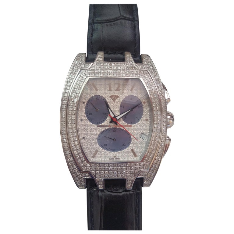 Aqua Master Genuine Diamond Watch Stainless Steel Black Leather Band at ...