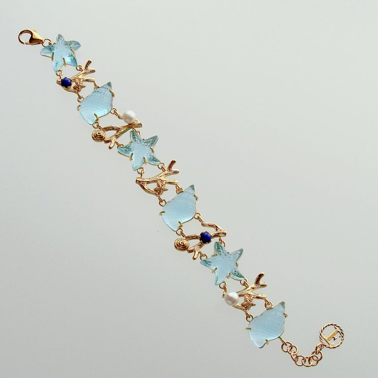 Aqua Venetian Glass Shells Starfish Lapis and Pearls Bracelet ...