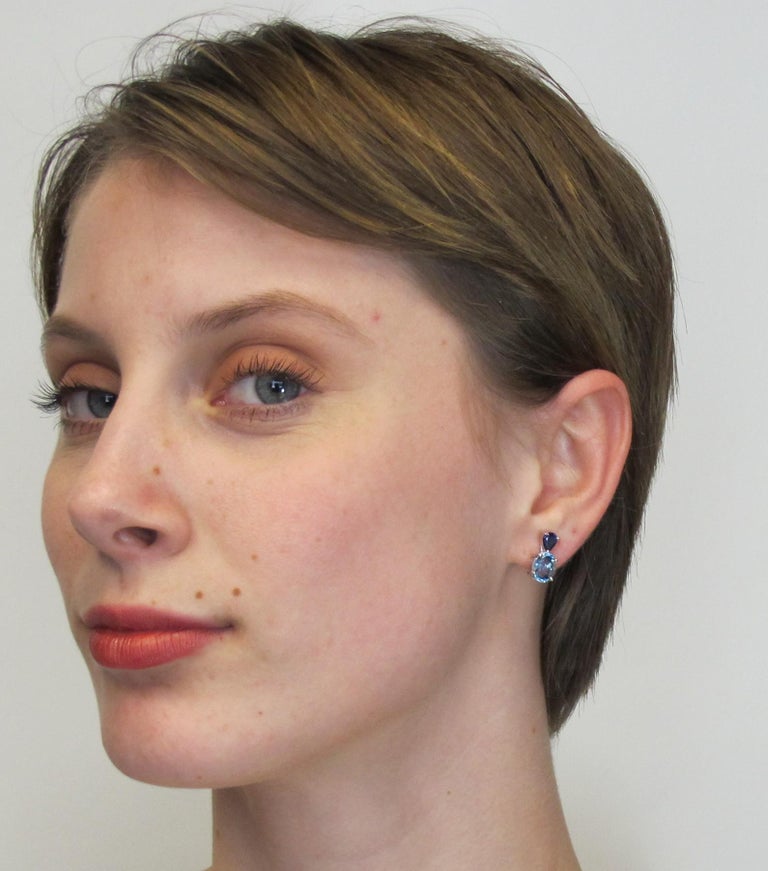 Aquamarine Oval and Blue Sapphire Pear Shape White Gold Drop Post ...