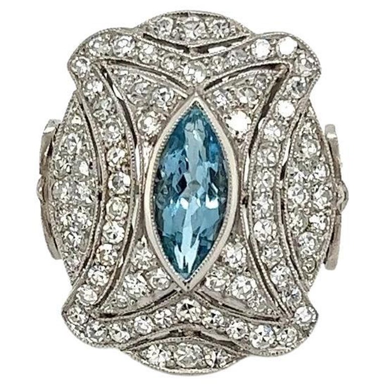 Aquamarine and Diamond Platinum Vintage Cocktail Ring Estate Fine ...