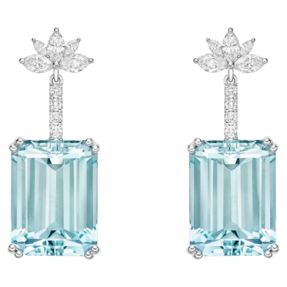 Emerald Cut Aquamarine and Marquise Diamond Two Way Drop Earrings For Sale at 1stDibs
