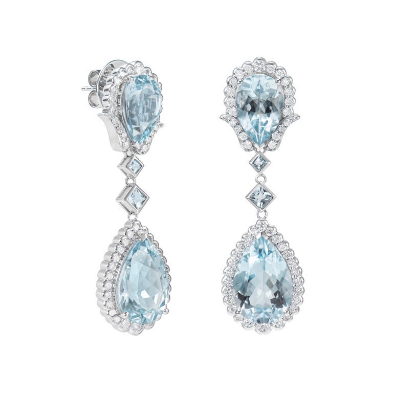 Aquamarine and White Diamond Teardrops Earring in 18 Karat White Gold ...