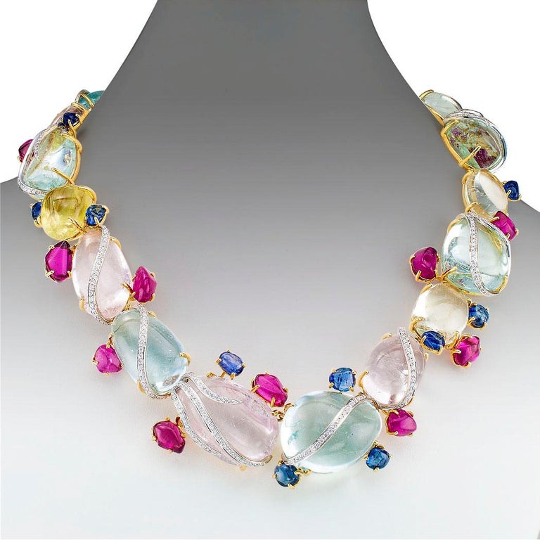 Aquamarine Beryl Diamond Sapphire Tourmaline Gold Necklace For Sale ...