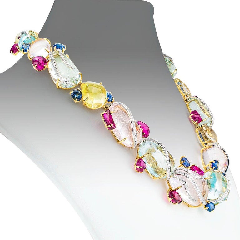 Aquamarine Beryl Diamond Sapphire Tourmaline Gold Necklace For Sale ...