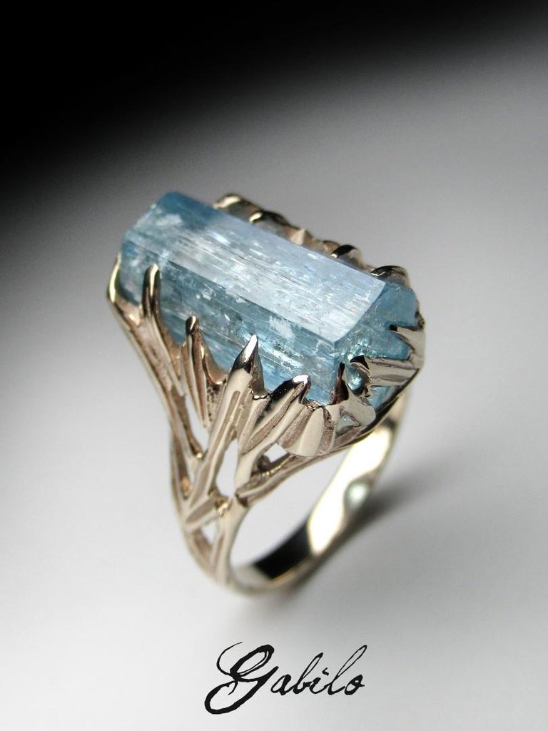 Aquamarine Crystal Gold Ring Blue Beryl Water Nymph Raw Natural ...