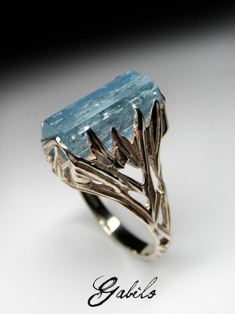 Aquamarine Crystal Gold Ring Blue Beryl Water Nymph Raw Natural ...