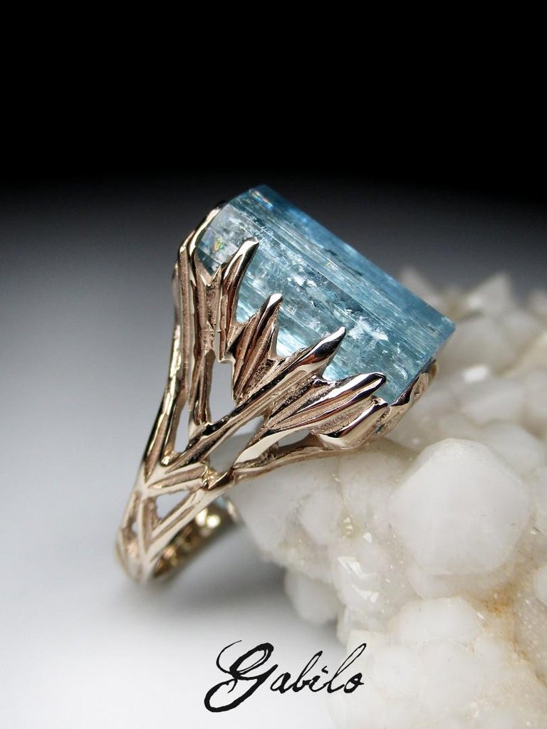 Aquamarine Crystal Gold Ring Blue Beryl Water Nymph Raw Natural ...
