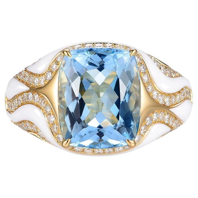 Aquamarine Diamond Enamel Cocktail Ring in 18 Karat Yellow Gold For ...