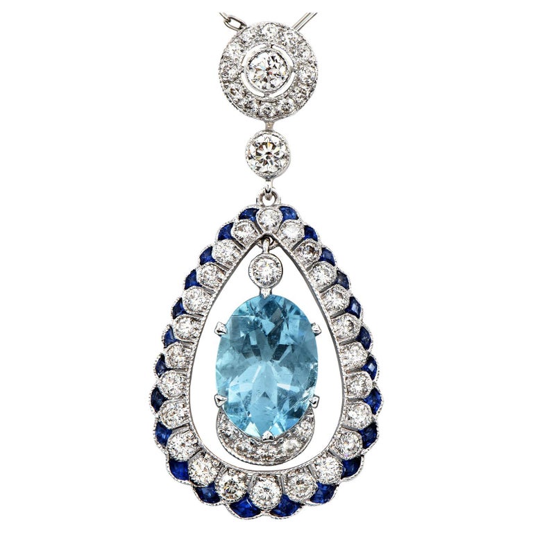 Aquamarine Diamond Pendant Sapphire 18k White Gold Drop Chain Necklace ...
