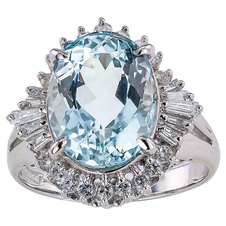 Aquamarine Diamond Gold Platinum Cluster Ring For Sale at 1stDibs
