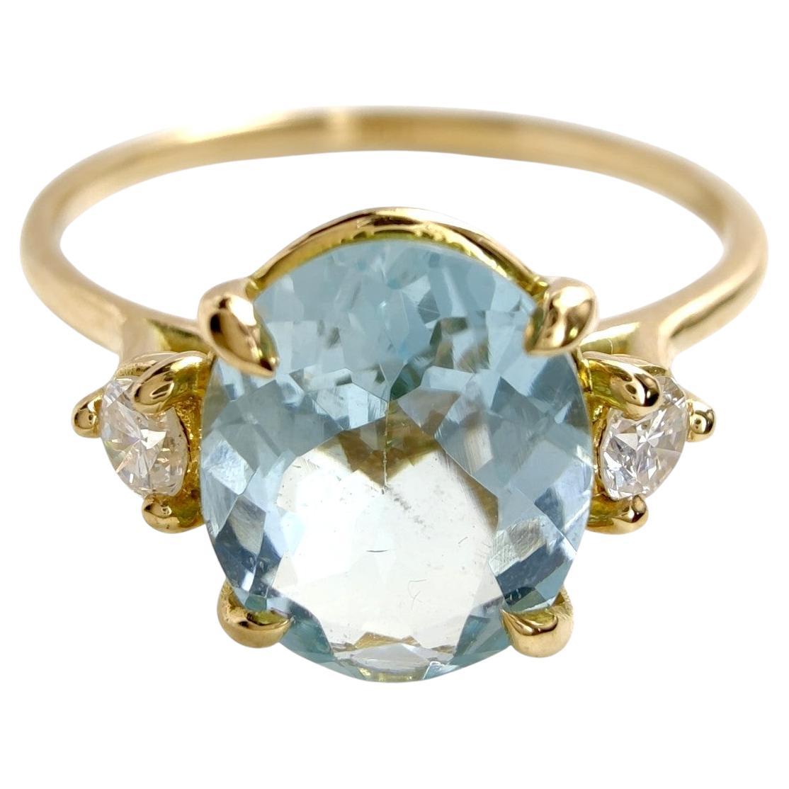 Aquamarine Diamond Ring 18K Gold Oval - Resizable Engagement Gift for ...