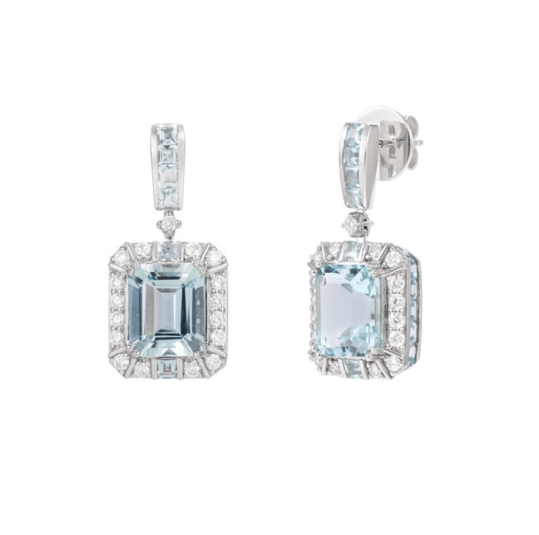 Aquamarine Drop Earring in 18 Karat White Gold with White Diamond For ...