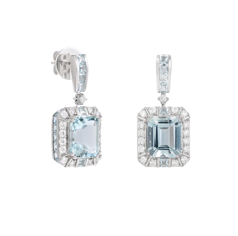 Aquamarine Drop Earring in 18 Karat White Gold with White Diamond For ...