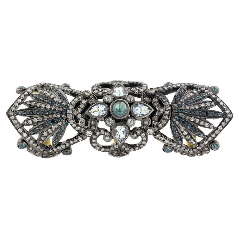 Aquamarine and Pave Diamonds Long Ring Made in 18k Gold and Silver For ...