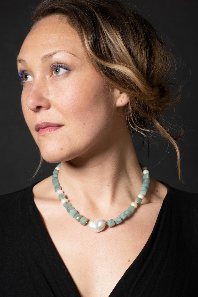 Aquamarine, Pearl and 22K Gold Beaded Necklace by Deborah Lockhart ...