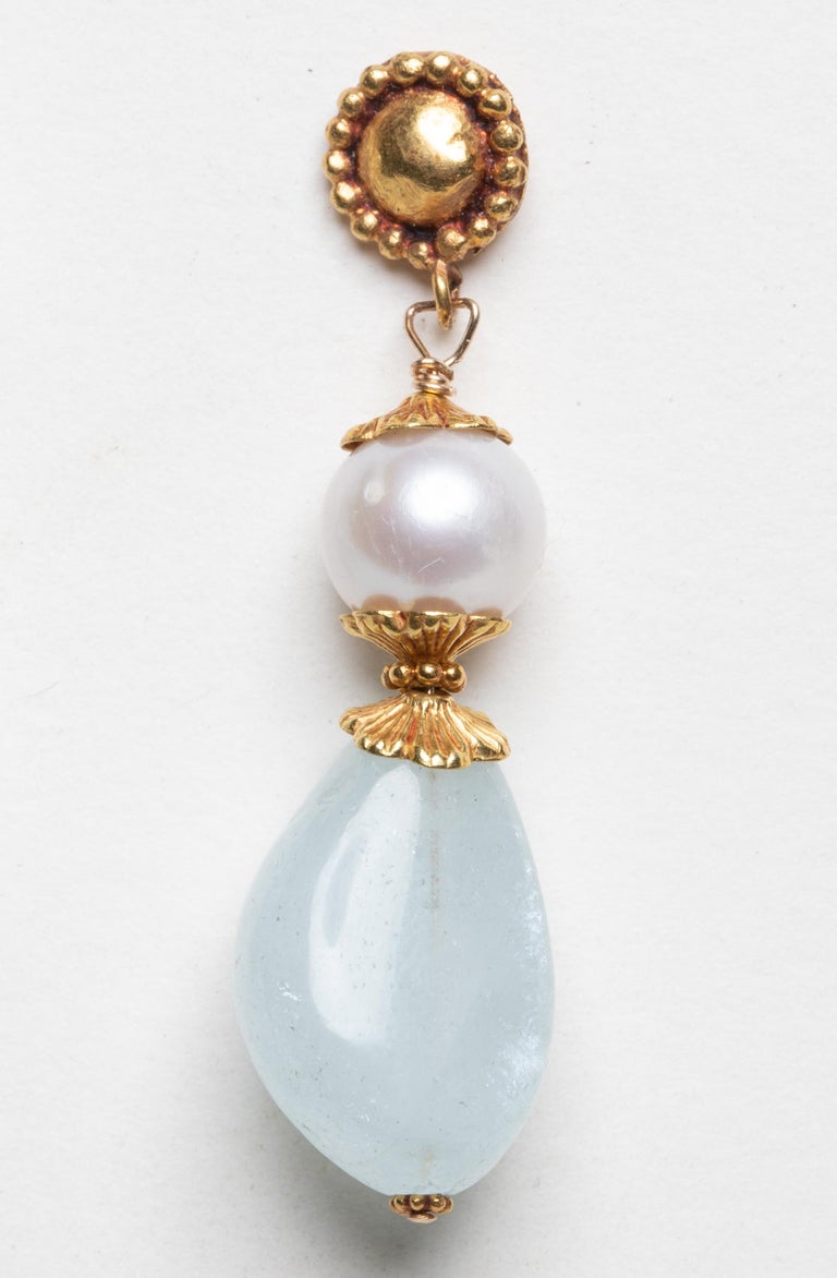 Aquamarine, Pearl and 22K Gold Drop Earring by Deborah Lockhart ...