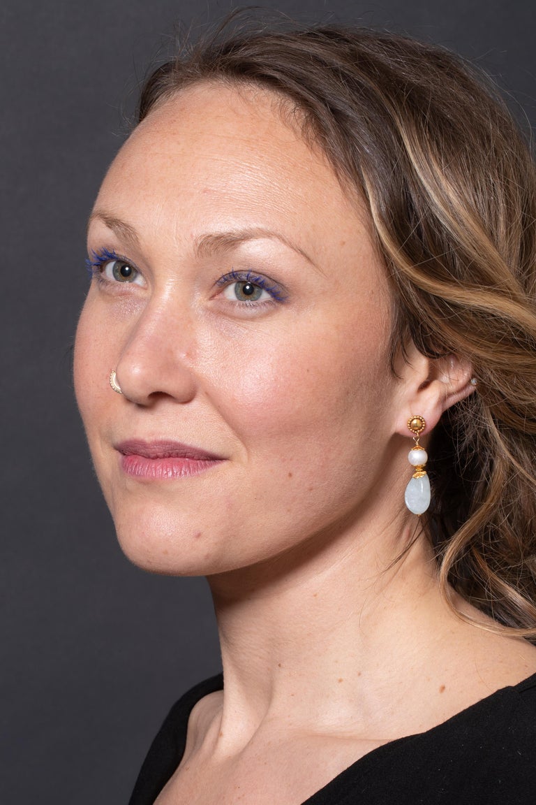 Aquamarine, Pearl and 22K Gold Drop Earring by Deborah Lockhart ...