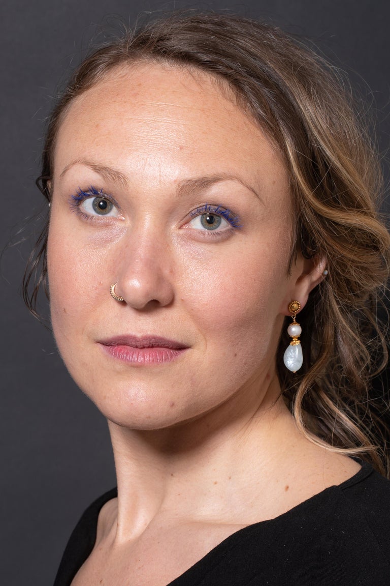 Aquamarine, Pearl and 22K Gold Drop Earring by Deborah Lockhart ...