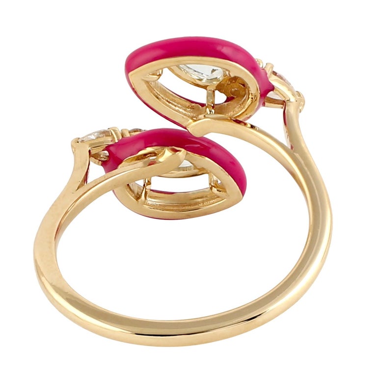 Aquamarine Red Enamel Diamond 14 Karat Gold Spiral Ring For Sale at 1stDibs