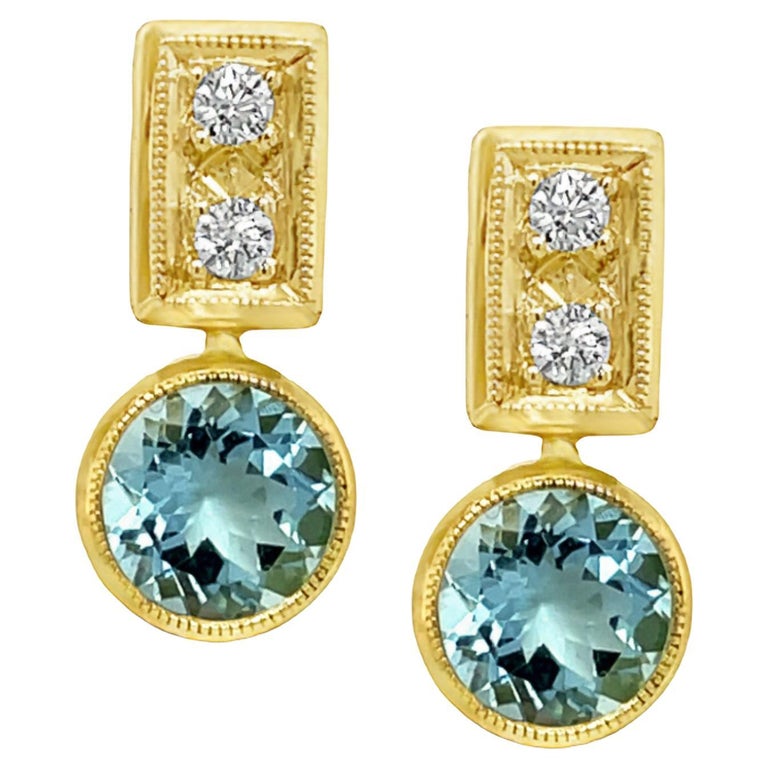 Aquamarine Round and Diamond, Yellow Gold Drop Post Earrings, 3.15 ...