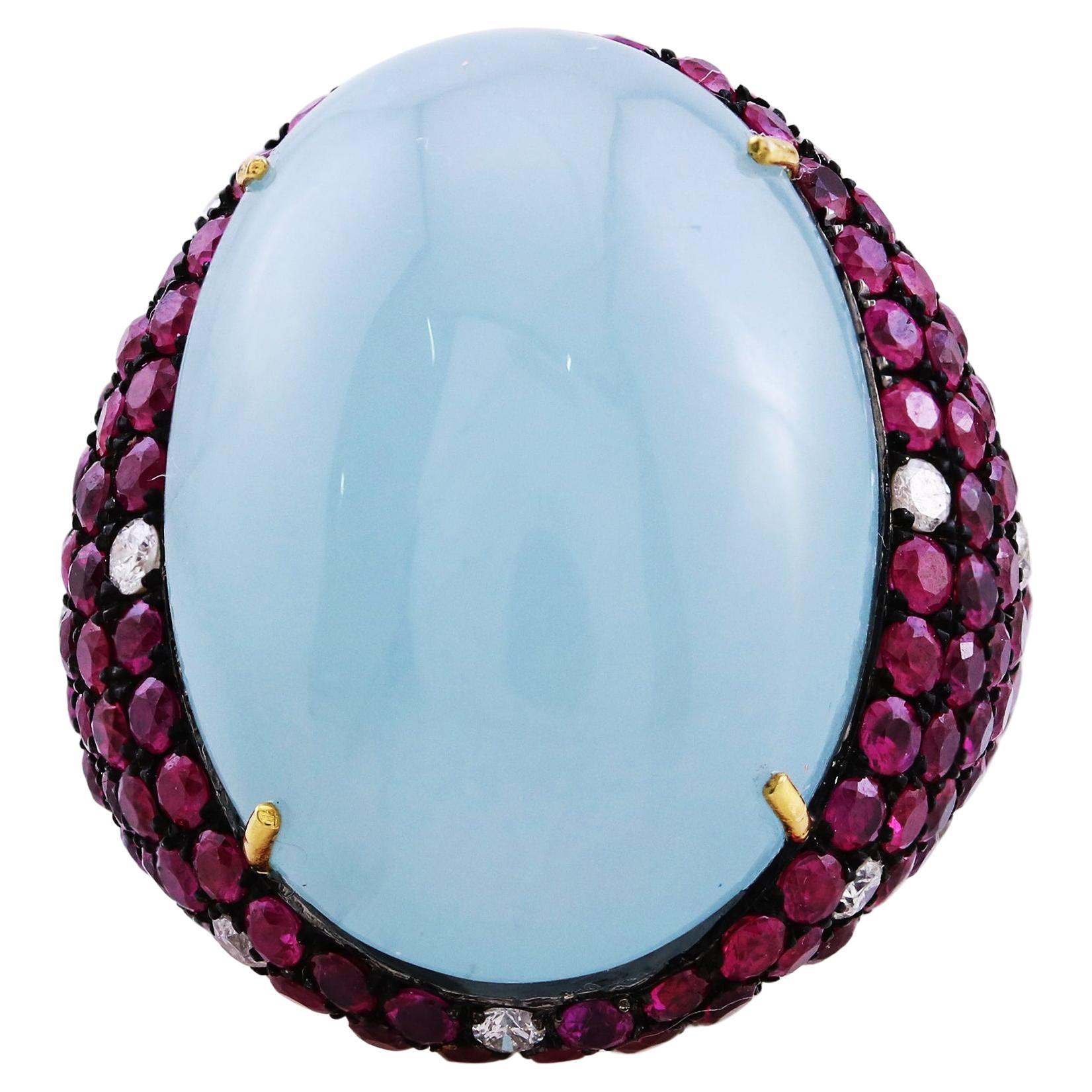 Aquamarine, Ruby and Diamond Victorian Dome Ring in 18k/925 Gold For ...