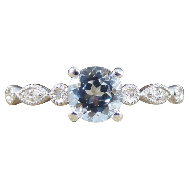 Aquamarine Solitaire Ring with Diamond Milgrain Shoulders in White Gold ...