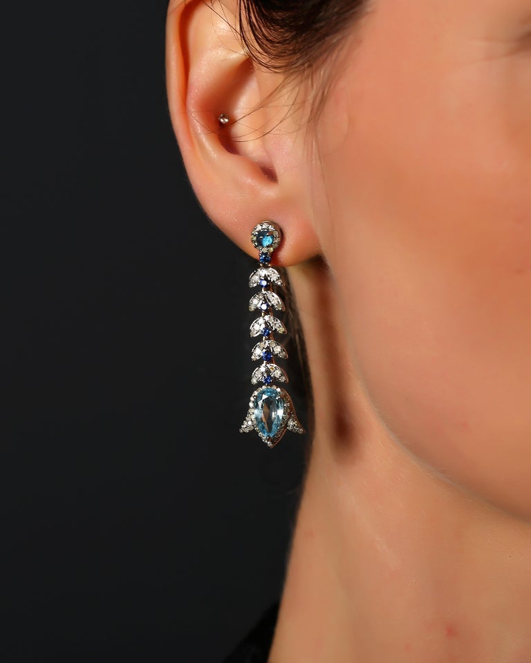 Aquamarine, Topaz, Sapphire and Diamond Drop Earrings For Sale at 1stDibs